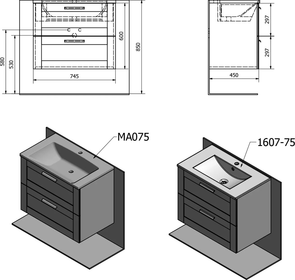 Sapho Amia AM076 umyvadlová skříňka 74,5 x 60 x 45 cm dub Collingwood