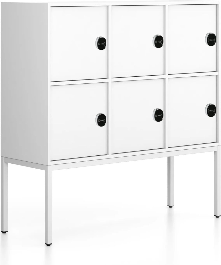 Kancelářská skříň FRAME, nízká, bílá podnož, 6x dveře, 1299 x 450 x 1331 mm, RFID zámek, bílá