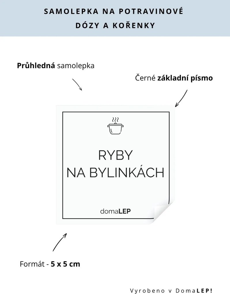 Samolepka na kořenky RYBY NA BYLINKÁCH průhledná 5 × 5 cm základní písmo