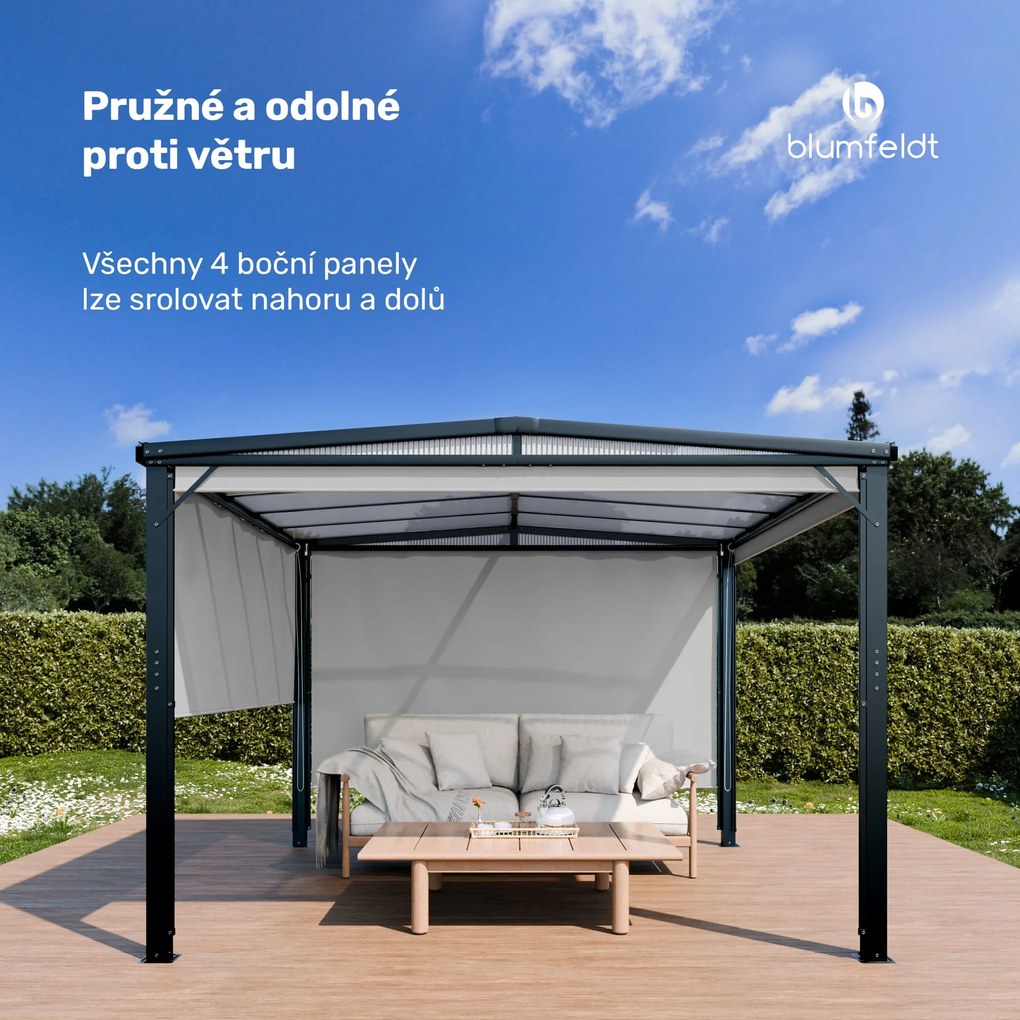 Blumfeldt Pantheon Cortina Solid Sky 3x3 Pergola, odolná proti povětrnostním vlivům, prášková barva, boční panely