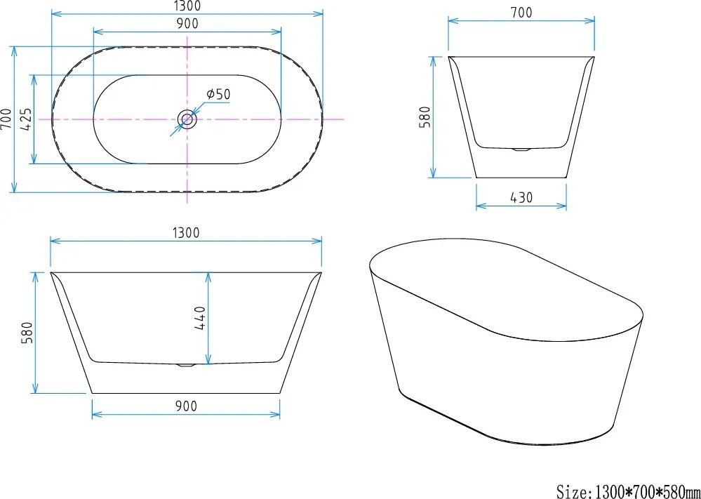 Erga Rhea, volně stojící vana 130x70 cm + odtoková zátka, bílá lesklá, ERG-RHEA-130070-WH-WH
