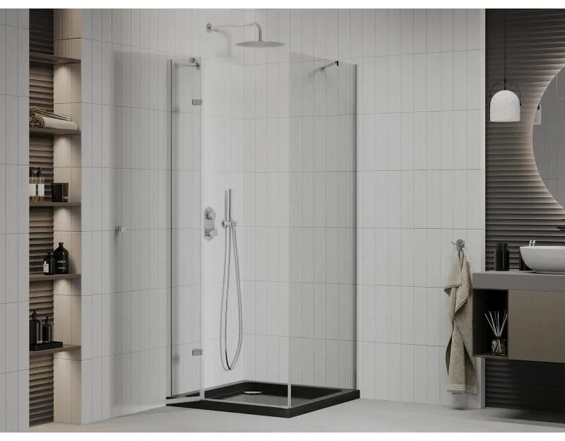 Mexen Roma sprchový kout s otočnými dveřmi 80 x 80 cm, Průhledné, Chromovaná + sprchová vanička Flat, Černá - 854-080-080-01-00-