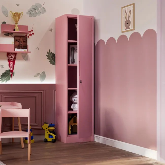 Úzká kovová kancelářská skříň na spisy a dokumenty, pudrově růžová, 450x1850x400 mm: ALEX Fresh Style