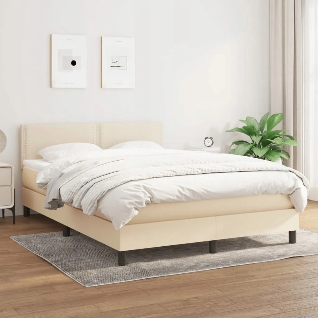 Box Spring Postel S Matrací Textil Krémová Hladké s hřebíky 140 x 190 cm