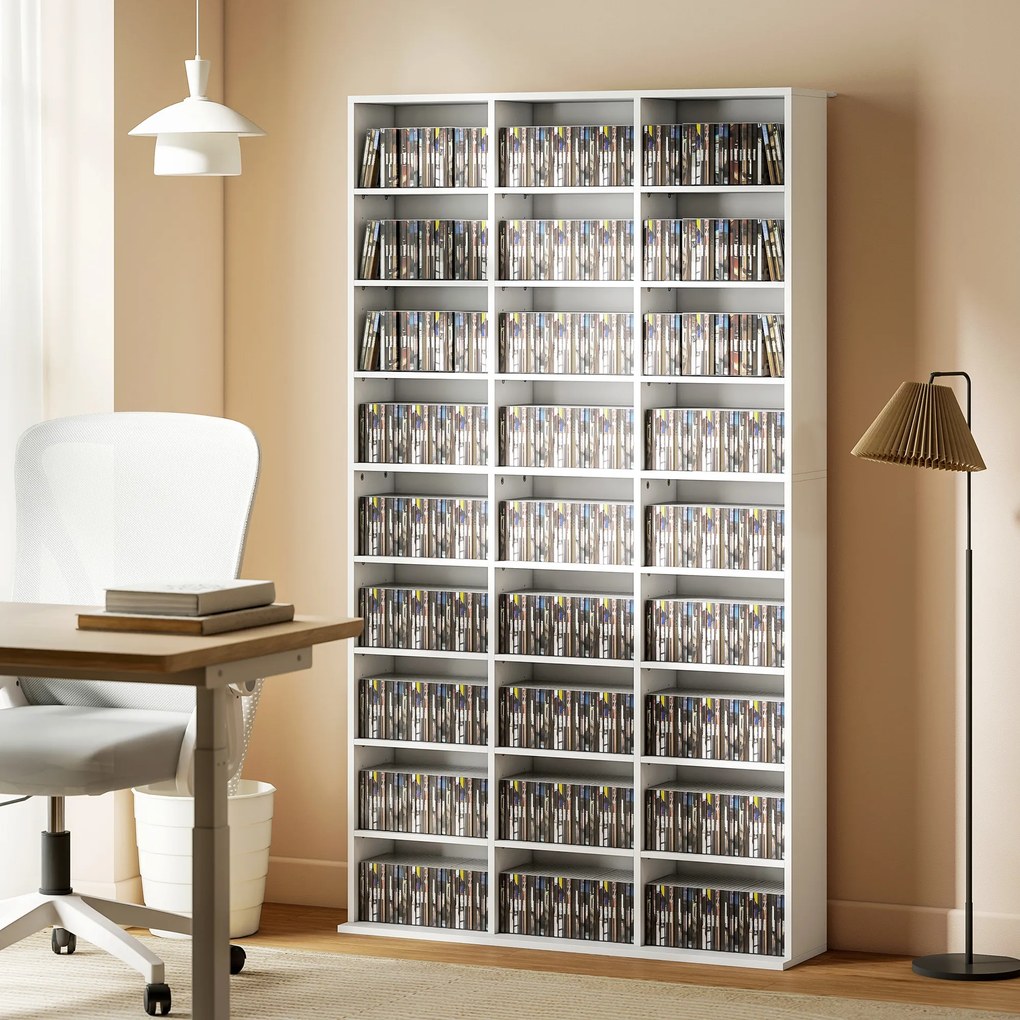 Regál na CD/DVD HOMCOM pro 835 CD nebo 500 DVD, police na Blu‑ray s 27 přihrádkami a 21 nastavitelnými policemi, věž na média do obýváku, ložnice neb…