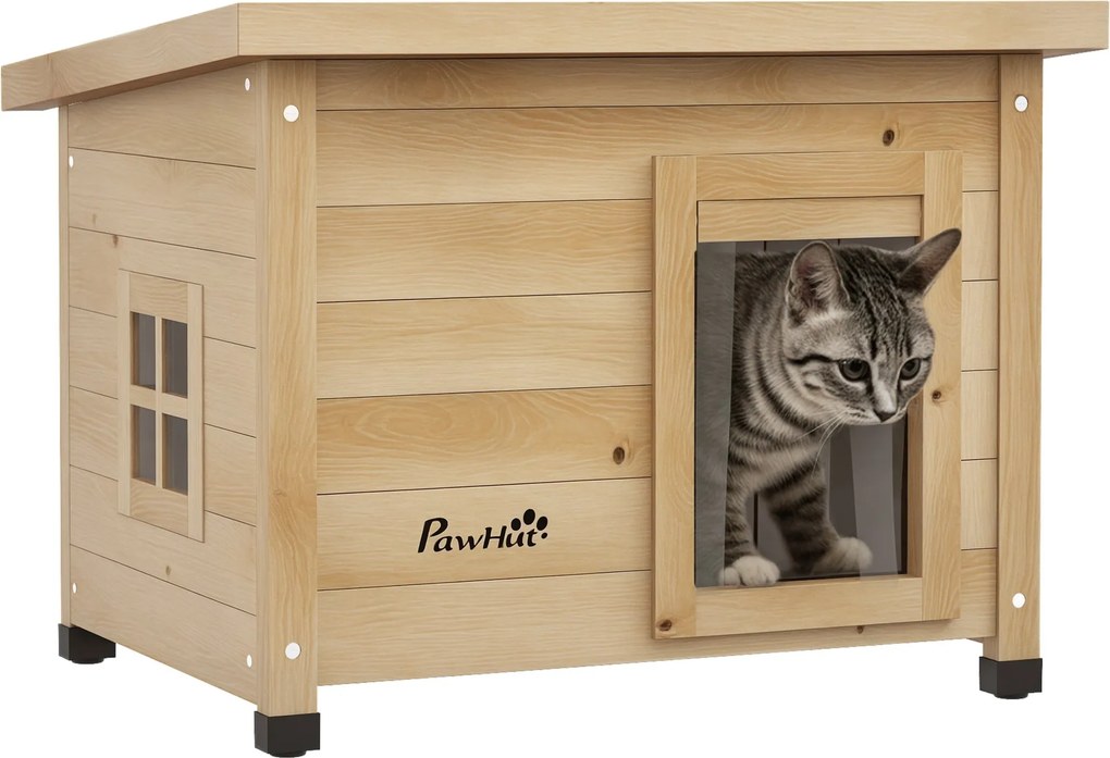 Dřevěný venkovní kočičí dům PawHut - zimní odolný a vodotěsný s asfaltovou střechou, oknem, dveřmi a závěsem, vyvýšený kočičí úkryt pro zahradu a balk