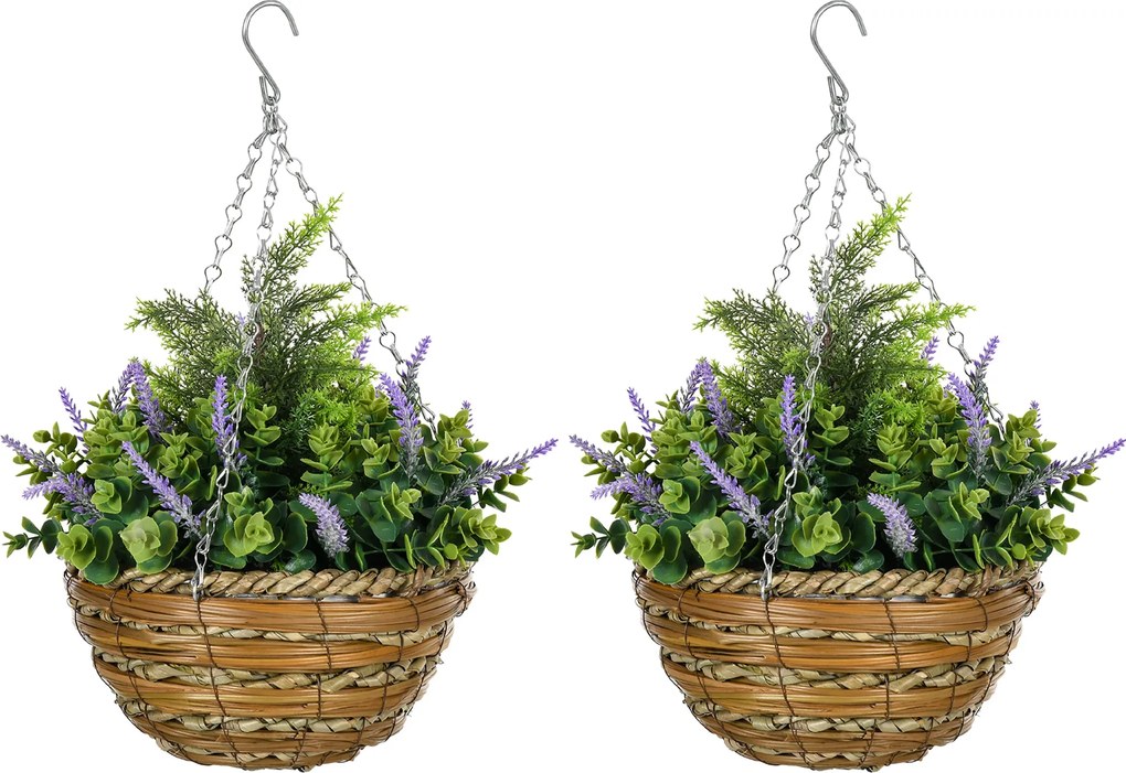 Outsunny Sada 2 Umělých Levandulových Rostlin s Květináčem a Hákem, PE a Proutí umělé rostliny, Ø25x34 cm, Zelené a Fialové | Aosom