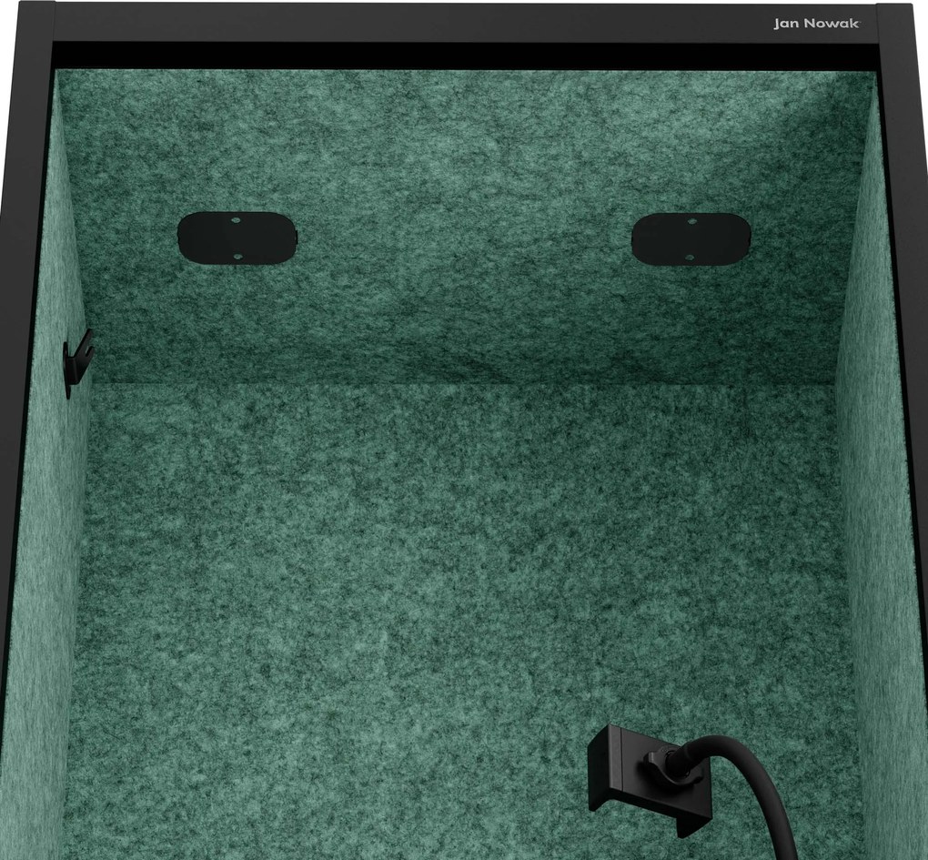 Kancelářská akustická kabina se sedátkem a USB-C portem, korpus černý / sedák zelený, 600 mm: SALLY MentalBox
