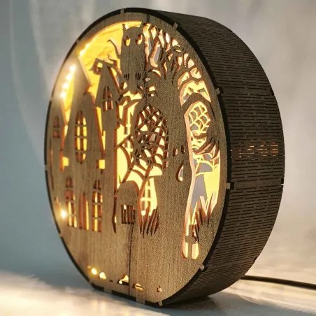 Dřevěná LED lampa Halloween - Strašidelný dům se sovou | SENTOP LED0619