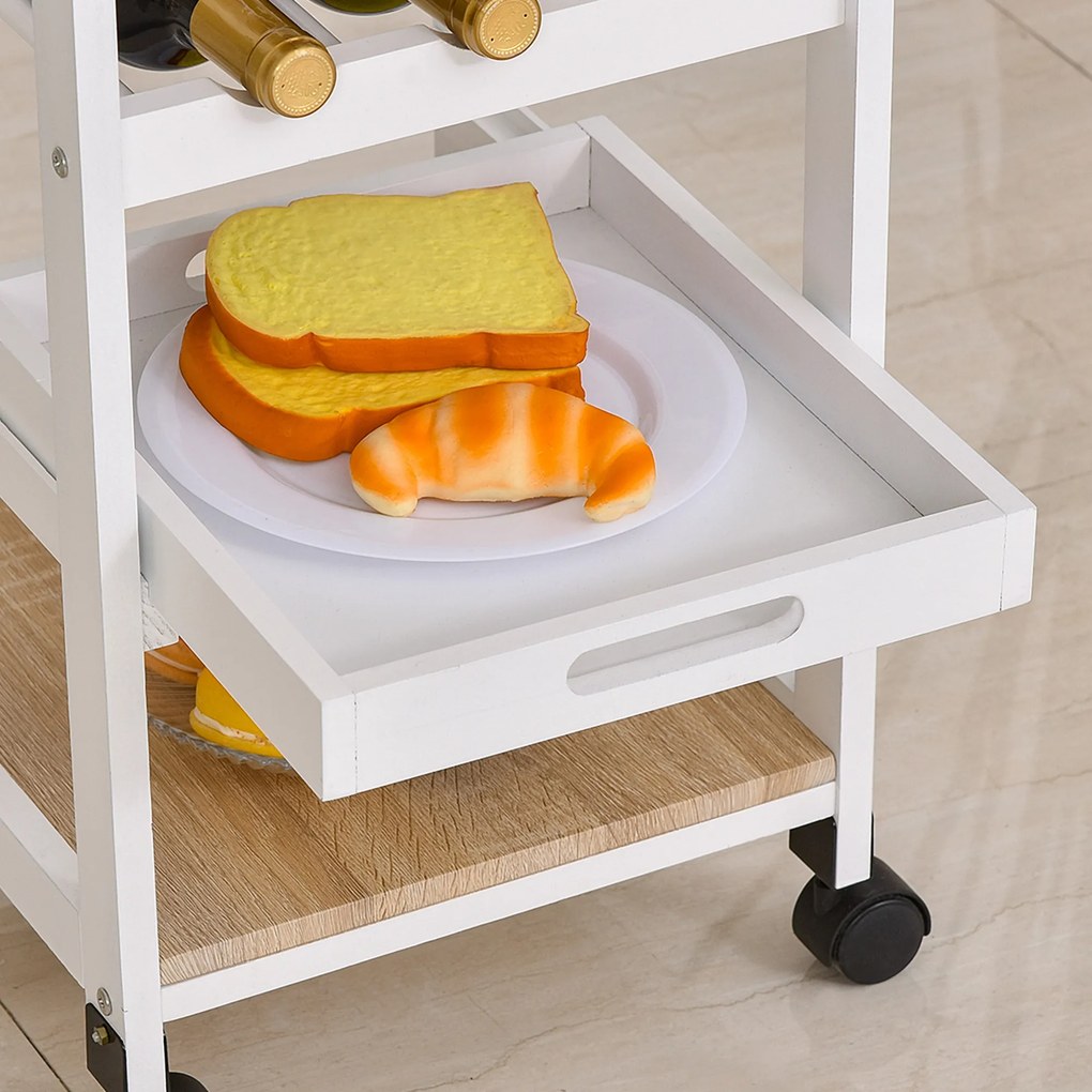 HOMCOM Kuchyňský vozík 4-patrový s kolečky a zásuvkami, regály a stojanem na víno pro kuchyň, obývací pokoj nebo jídelnu 37x37x76 cm Bílý