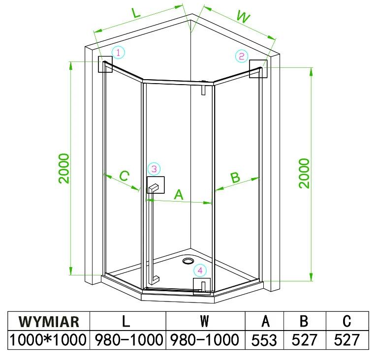 BPS-koupelny Pětiúhelníkový sprchový kout HYD-PK07 100x100 černá/transparent