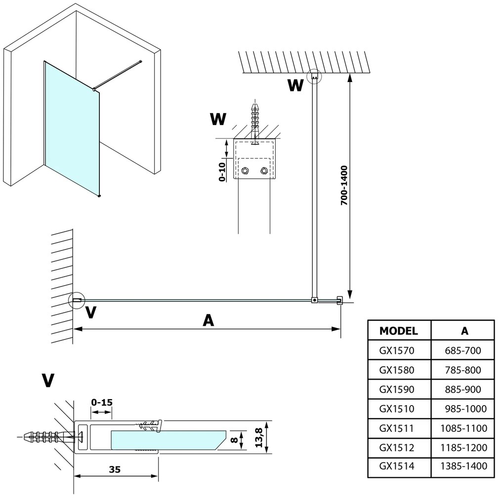 Gelco VARIO GOLD MATT jednodílná sprchová zástěna k instalaci ke stěně, sklo nordic, 700 mm GX1570-10