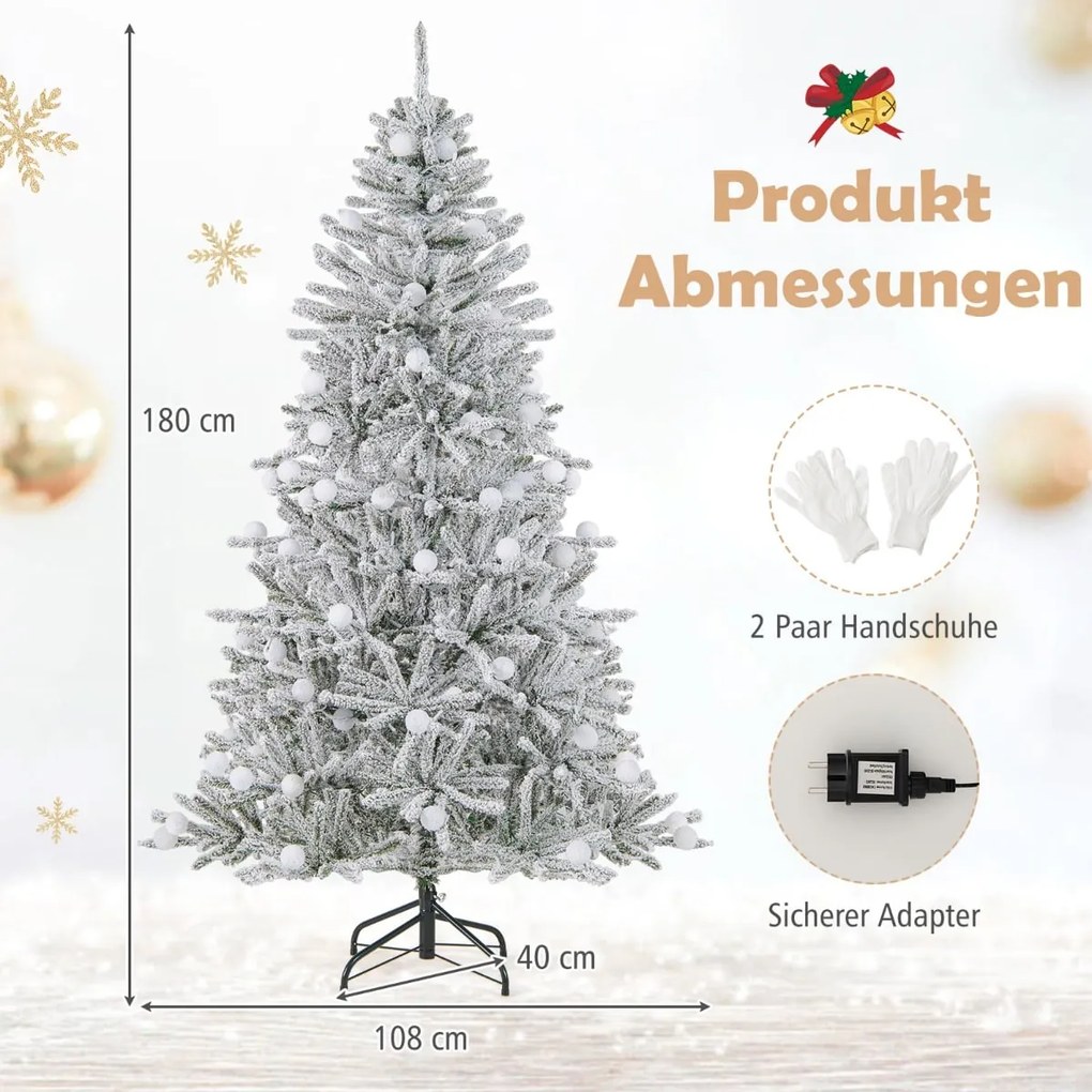 Costway 180 cm zasněžený umělý vánoční stromek s 51 kulovými lampami 250 teplá