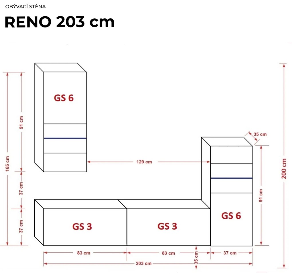 Ral Obývací stěna RENO 1, 203 cm - Bílý lesk