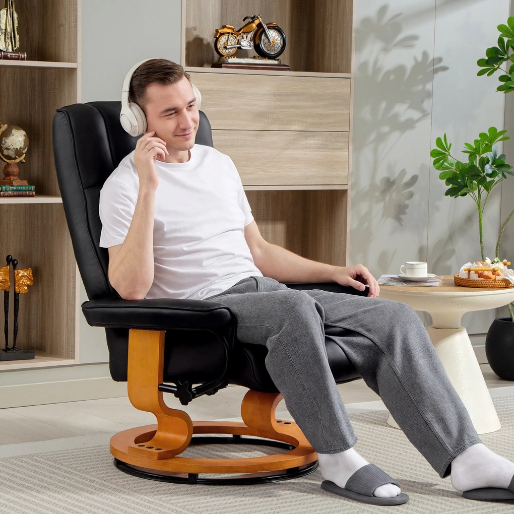 HOMCOM Relaxační křeslo s podnožkou, otočné a sklopné, potah z umělé kůže, do 150 kg, dřevěný rám, černá
