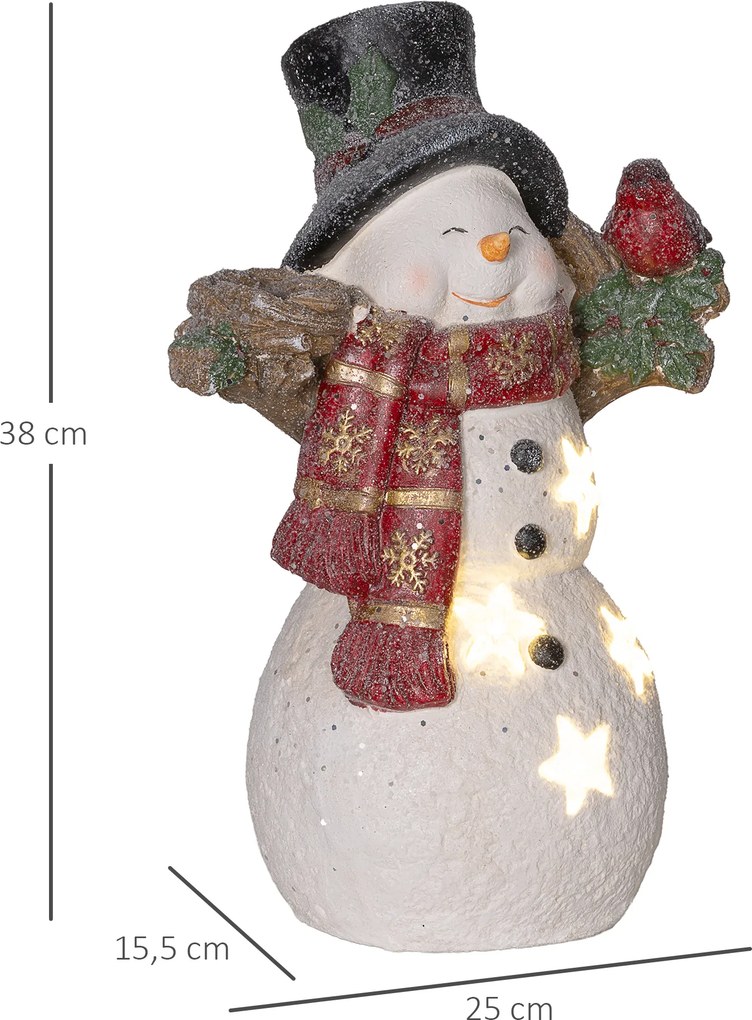 HOMCOM Vánoční dekorace, sněhulák s ptákem, 4 teplé bílé LED, na baterie, 25 x 15,5 x 38 cm