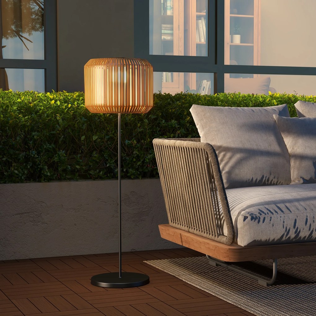 Ratanové venkovní světlo, solární zahradní lampa, automatické zapínání, LED, odolné proti povětrnostním vlivům, kovový rám, Ø34 x 130 cm, černá/žlutá