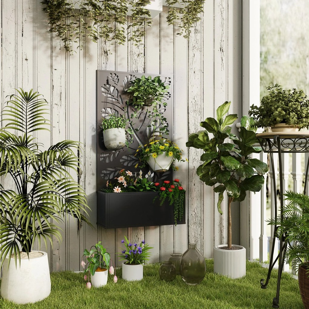 Outsunny vyvýšený kovový truhlík s treláží ve tvaru větví a listů — 61 × 23 × 113 cm, černý