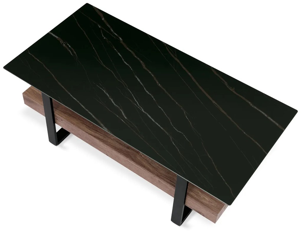 Konferenční stolek AHG-286 BK deska slinutá keramika 120x60 cm, černý mramor, nohy černý kov, tmavě hnědá dýha