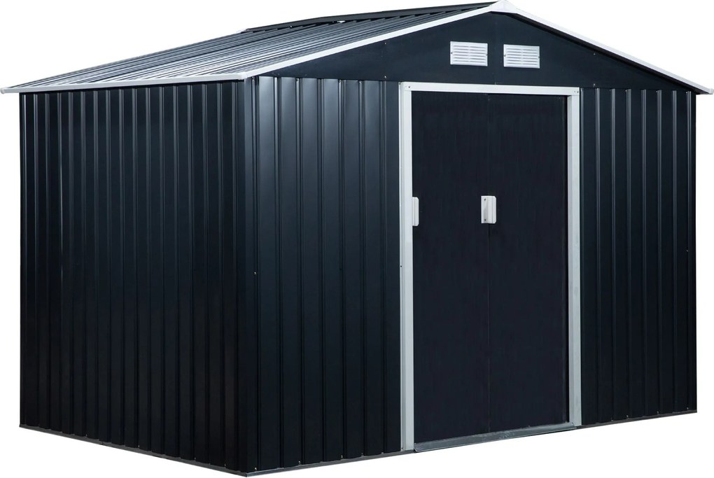 Outsunny Zahradní Kůlna 4,9 m², Zahradní Dům s Šikmou Střechou, Posuvné Dveře, Základna, 277 x 195 x 192 cm, Kůlna z Pozinkované Oceli, Odolná Vůči Po