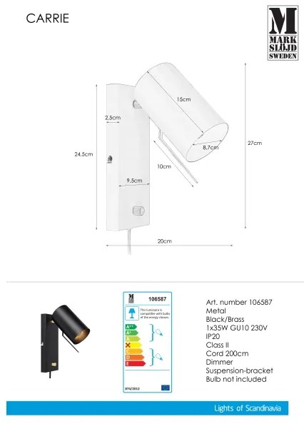 Markslöjd 106587 - Stmívatelné nástěnné svítidlo CARRIE 1xGU10/35W/230V černá