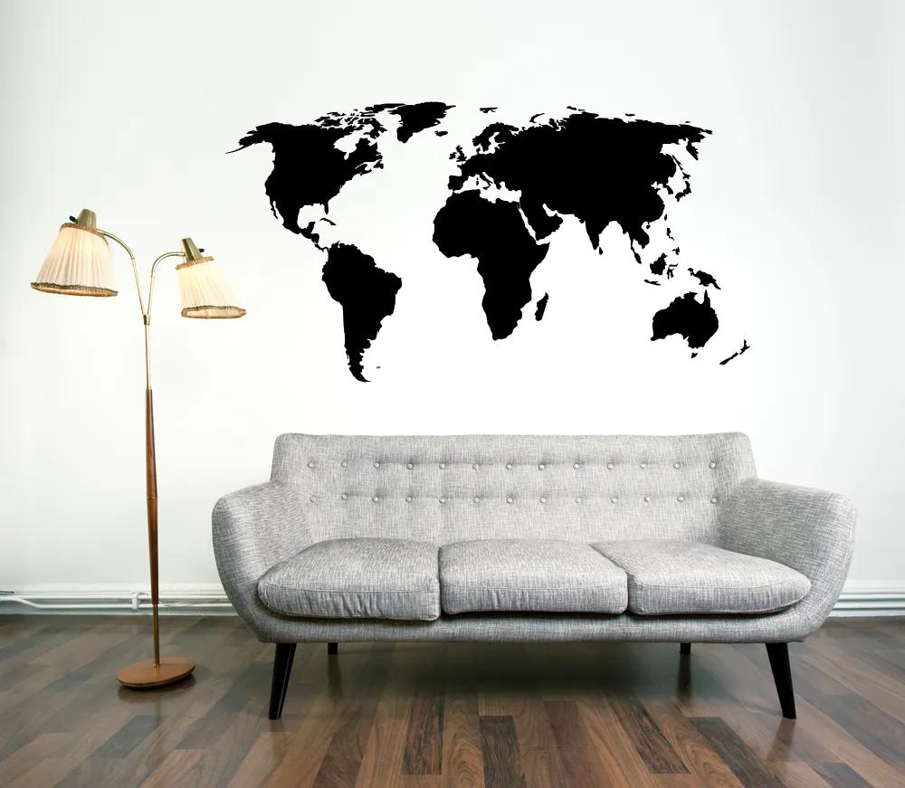 Samolepka na zeď - Mapa světa Barva: Šedá tmavá, Velikost samolepky: 100x53 cm