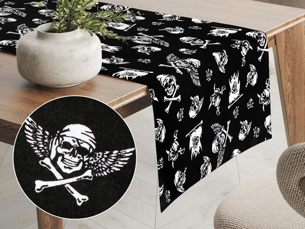 Biante Dětský bavlněný běhoun na stůl Sandra SA-104 Bílé pirátské lebky na černém 45x160 cm