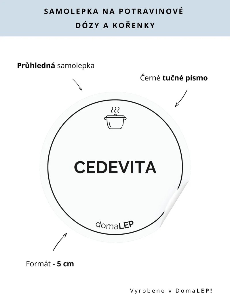 Samolepka na láhev CEDEVITA –  průměr 5 cm – průhledná vinylová, voděodolná, omyvatelná samolepka na dózy, tučné písmo