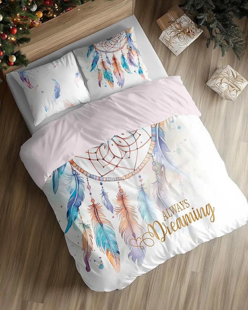 Detexpol Bavlněné povlečení 160x200 bílé v boho stylu s lapačem snů a peřím Always Dreaming – 5834 A – Celoroční sada ložního prádla Floral Elegance