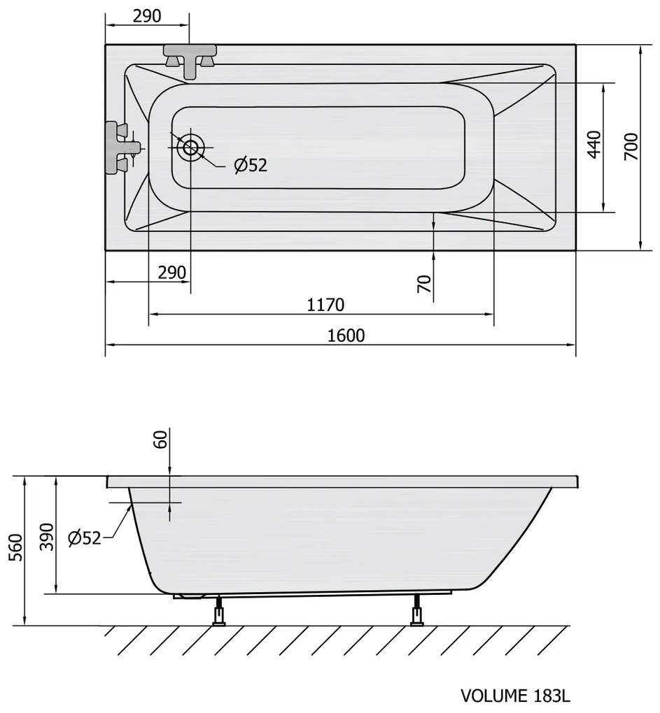 Polysan, NOEMI obdélníková vana 160x70x39cm, bílá, 71707