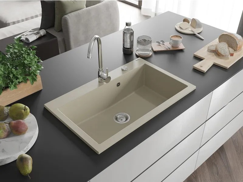 Mexen Elix granitový dřez jednokomorový 800 x 500 mm, béžový, sifon chrom - 6527801005-69