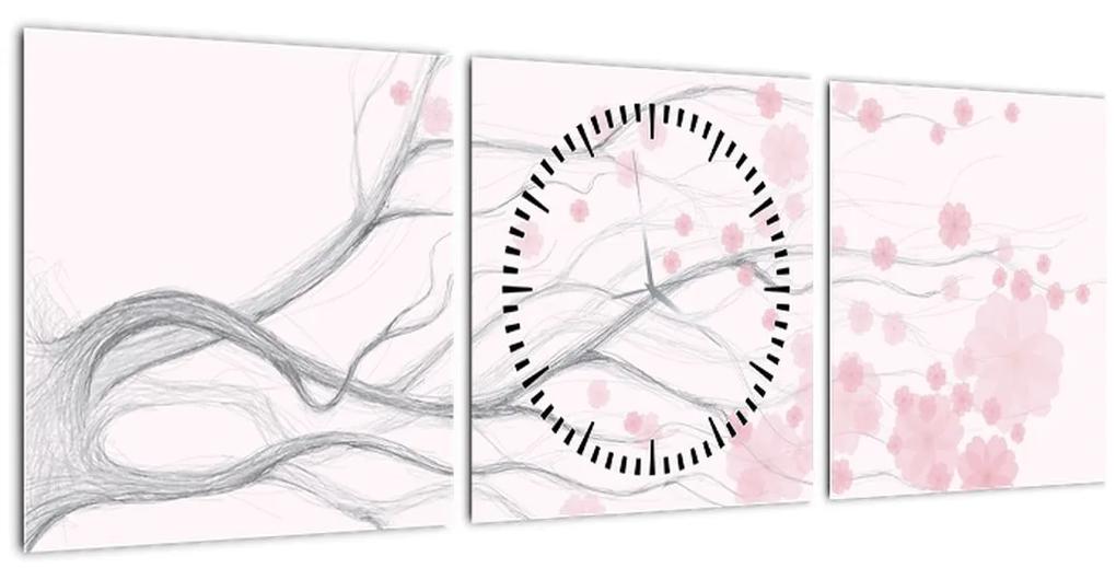 Obraz - Růžové květy (s hodinami) (90x30 cm)