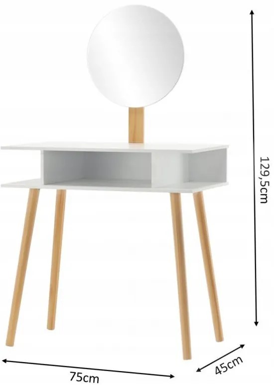Bílý retro toaletní stolek s kulatým zrcadlem a taburetem