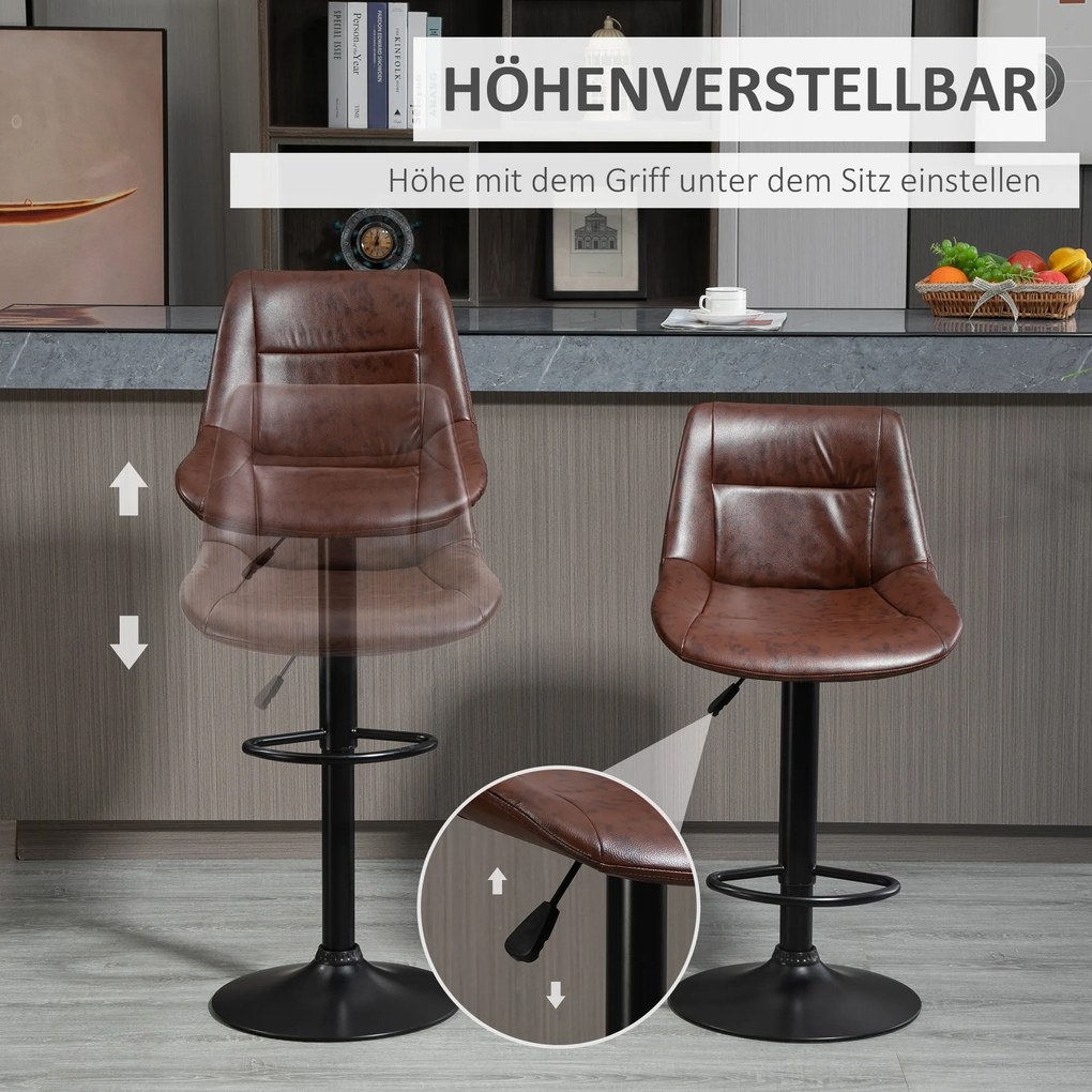 HOMCOM barová stolička sada 2 výškově nastavitelných stoliček s opěradlem, otočná bistro stolička z imitace kůže v hnědé barvě, ideální do kuchyně a …