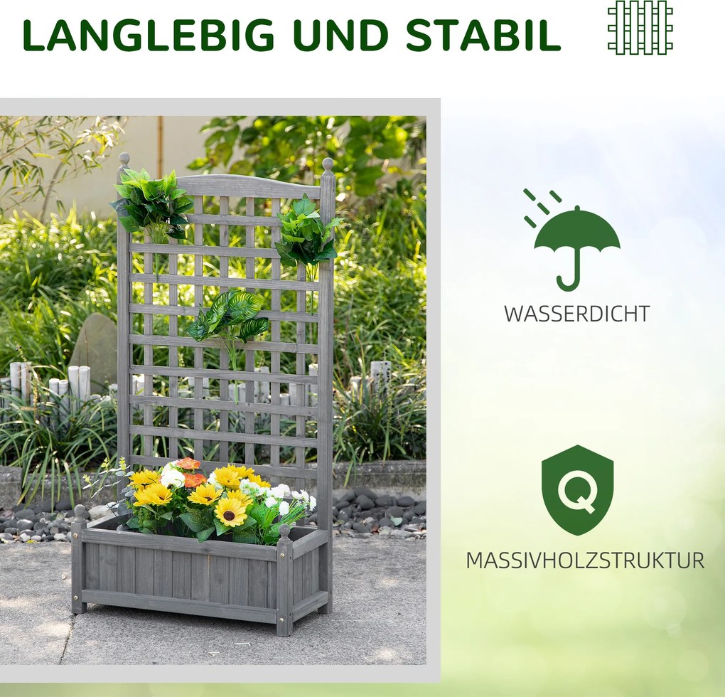 Outsunny Vyvýšená zahradní bedýnka s treláží – Dřevěná treláž s podporou pro popínavé rostliny, 64 x 28 x 120 cm