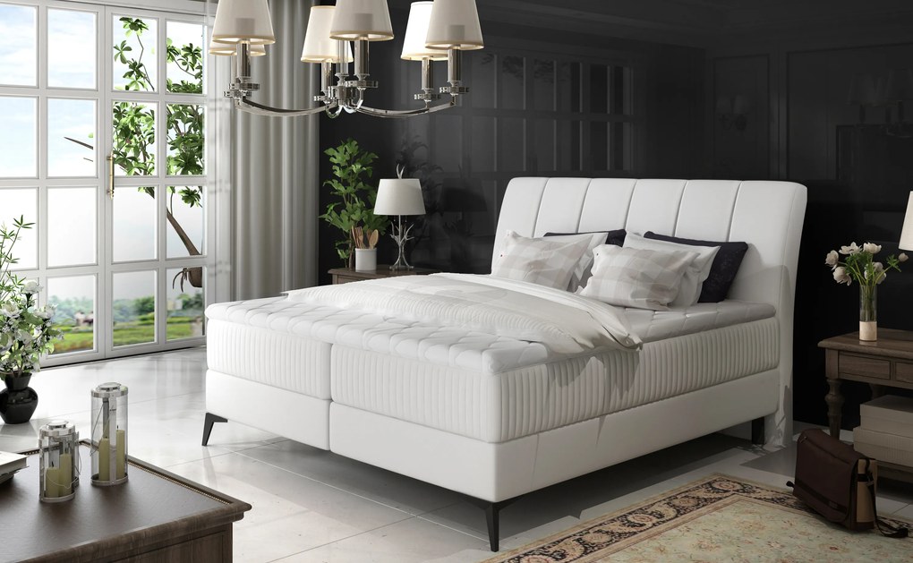 Kontinentální postel Boxspring ADELINE bílá ekokůže 160x200cm