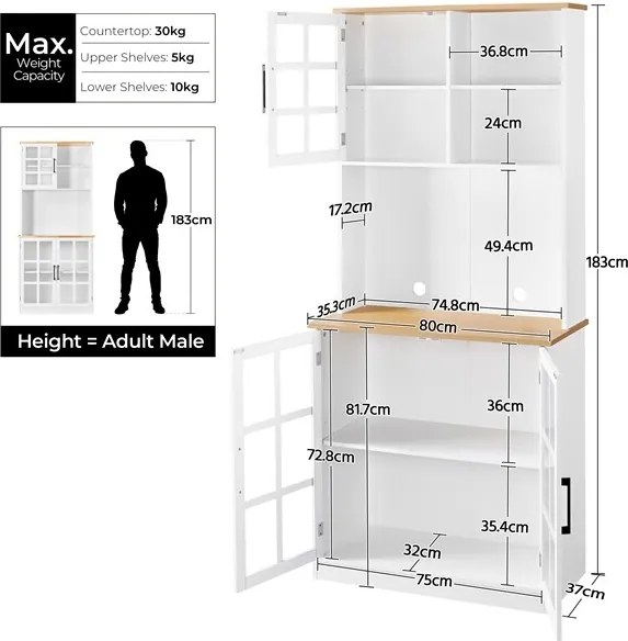 Kuchyňská skříňka Yaheetech – bílá, 80 cm (délka) × 37 cm (šířka) × 183 cm (výška) (256561749879)