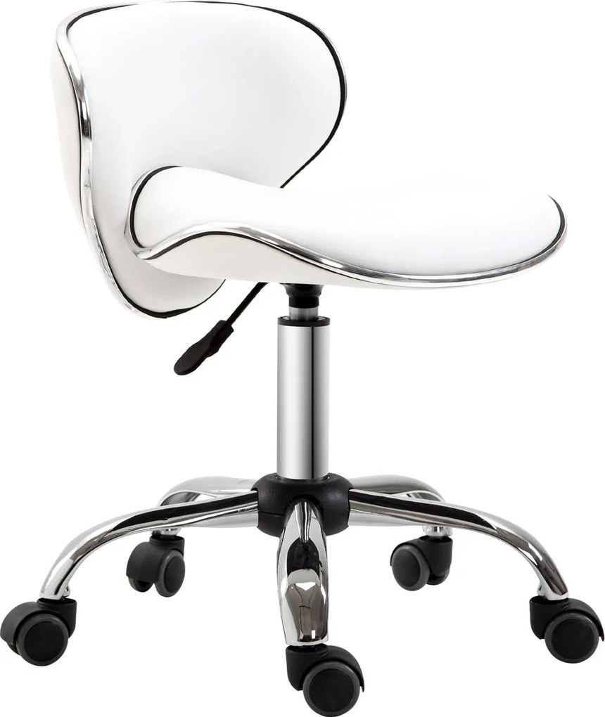 HOMCOM Rolling Stool Pracovní Stolička s Nastavitelnou Výškou 44-56 cm a Opěradlem, 360° Otočná Kancelářská Stolička pro Masážní Salón, Kancelář, Klin