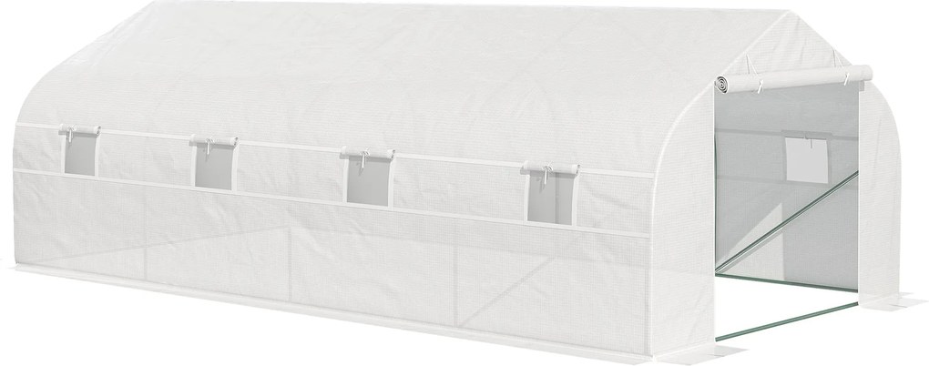 Zahradní skleník Outsunny 6x3x2 m tunelového typu pro pěstování zeleniny se 8 ventilovanými okny a roll-up zipovým vchodem - ocelový bílý | Aosom