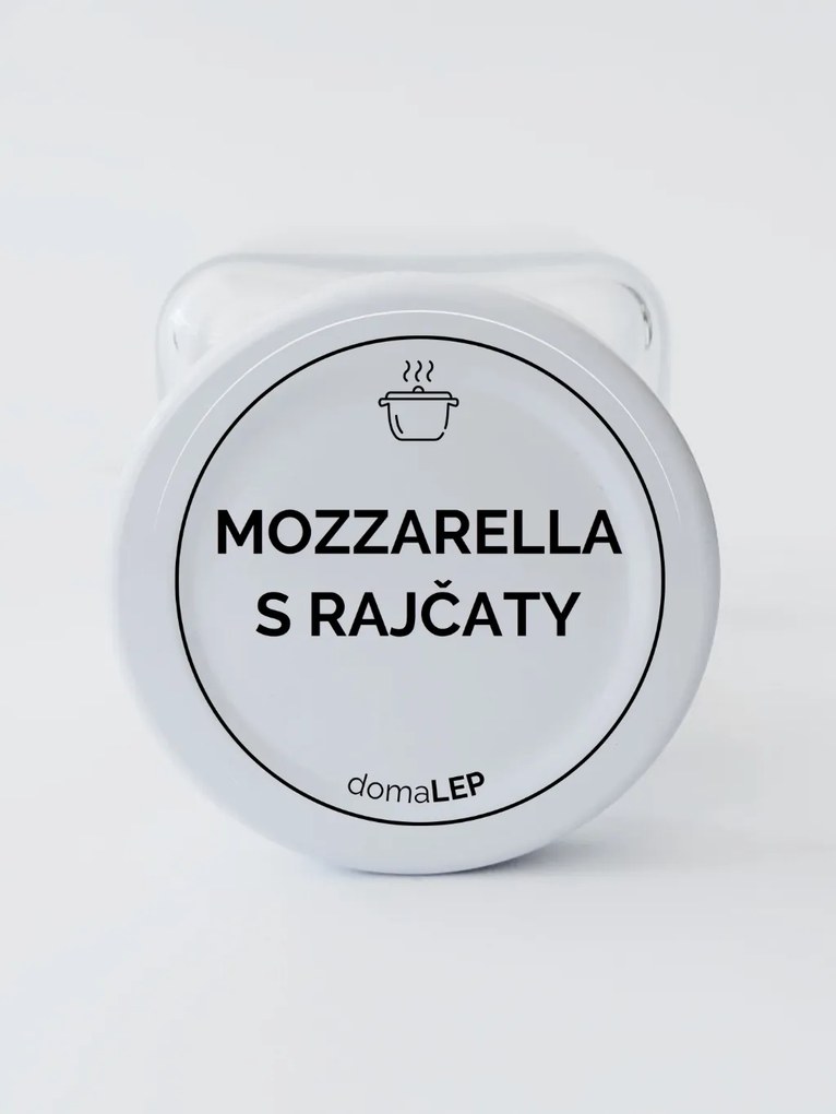 Samolepka na kořenky MOZZARELLA S RAJČATY průhledná 5 cm tučné písmo