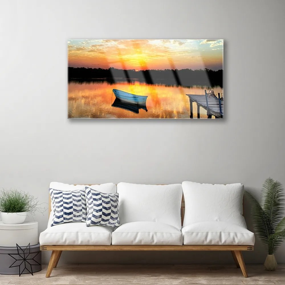 Obraz na skle Loďka Most Jezero Krajina 100x50 cm