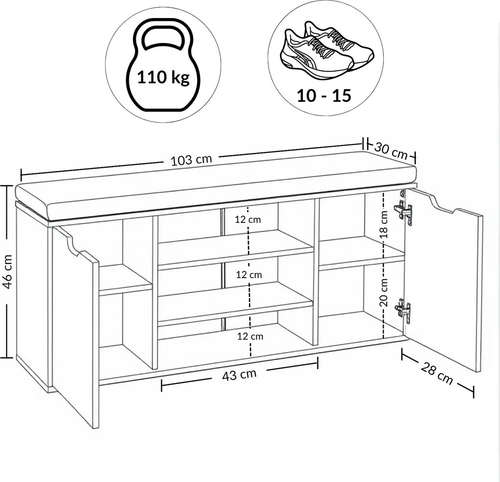 Botník bílý se sedákem PORTA, 103 x 30 x 46 cm - béžový