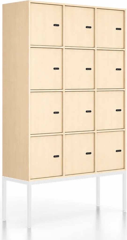 Kancelářská skříň FRAME, bílá podnož, 12x dveře, 1299 x 450 x 2185 mm, mechanický kódový zámek, bříza