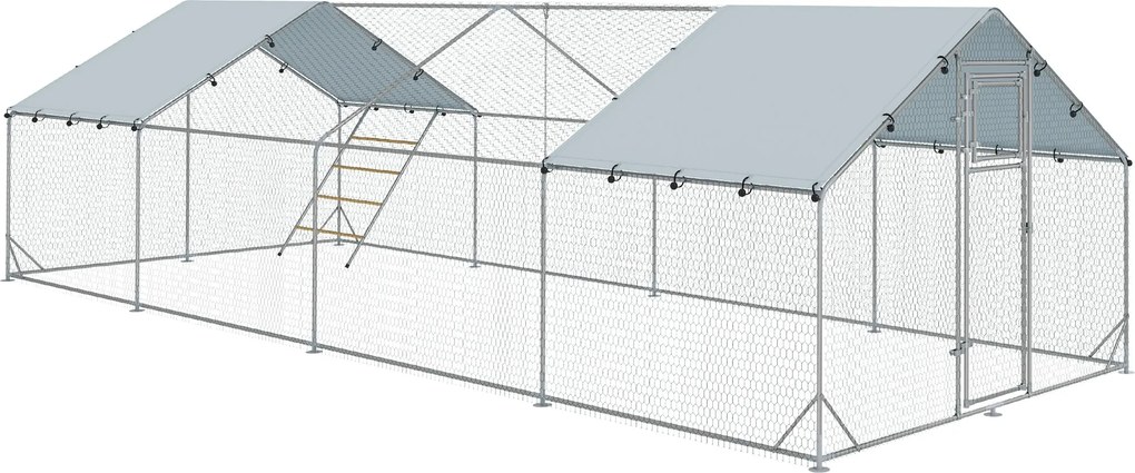 PawHut Kuřecí výběh z oceli, 3 x 8 x 1,95 m, kuřecí kurník s UV-odolným krytem, krmnými dvířky, zavěšeným krmítkem, bidlem, kuřecí ohrada pro 24-30 ku