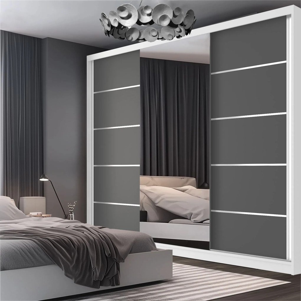 Šatní skříň SERENITY 200 cm Belini bílý mat /šedý mat s posuvnými dveřmi a zrcadlem  MT SERENITY SZP5/0/W/SR/0/HIAL