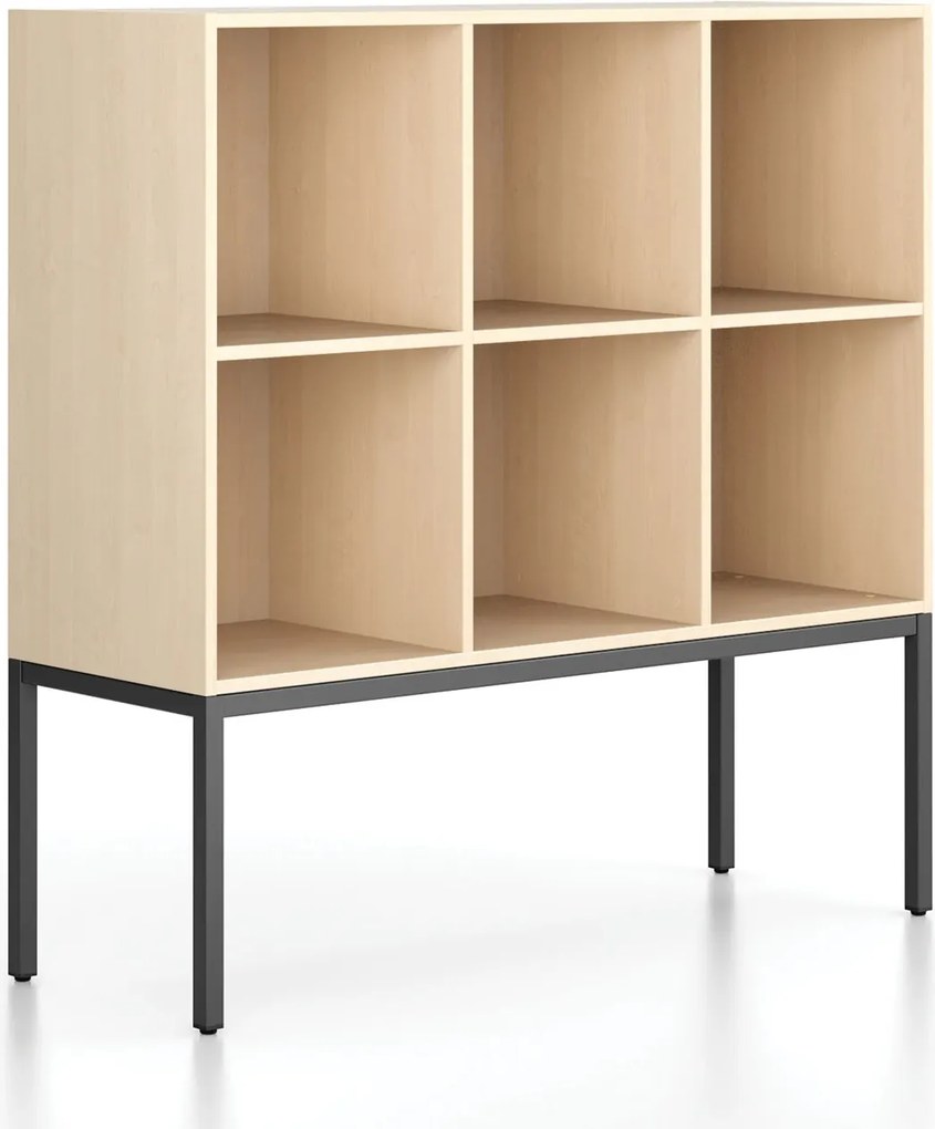 Regál FRAME, nízký, s černou podnoží, 1299 x 450 x 1331 mm, bříza