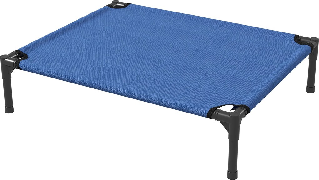 PawHut skládací psí bedna střední velikosti pro vnitřní a venkovní použití, zdvižená psí postel, kovový rám a Oxford textilie, 76x61x18 cm, Modrá