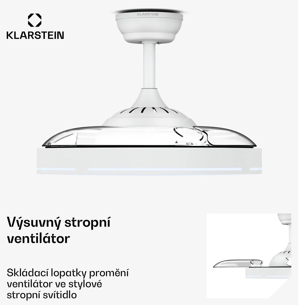 Klarstein AirFold, Chytrý stropní ventilátor, Skládací lopatky, Nastavitelné LED světlo, Smart