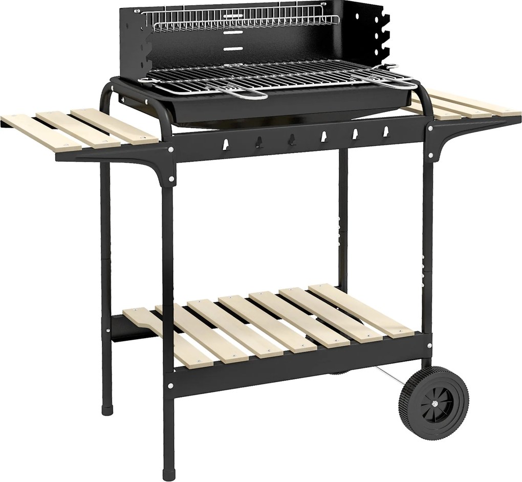 Outsunny Kovový Udič Charcoal BBQ S Grilem na Kolečkách, Nastavitelný Grilovací Rošt, Dřevěná Police, Přenosný Grilový Stojan Charcoal Grill, BBQ na G