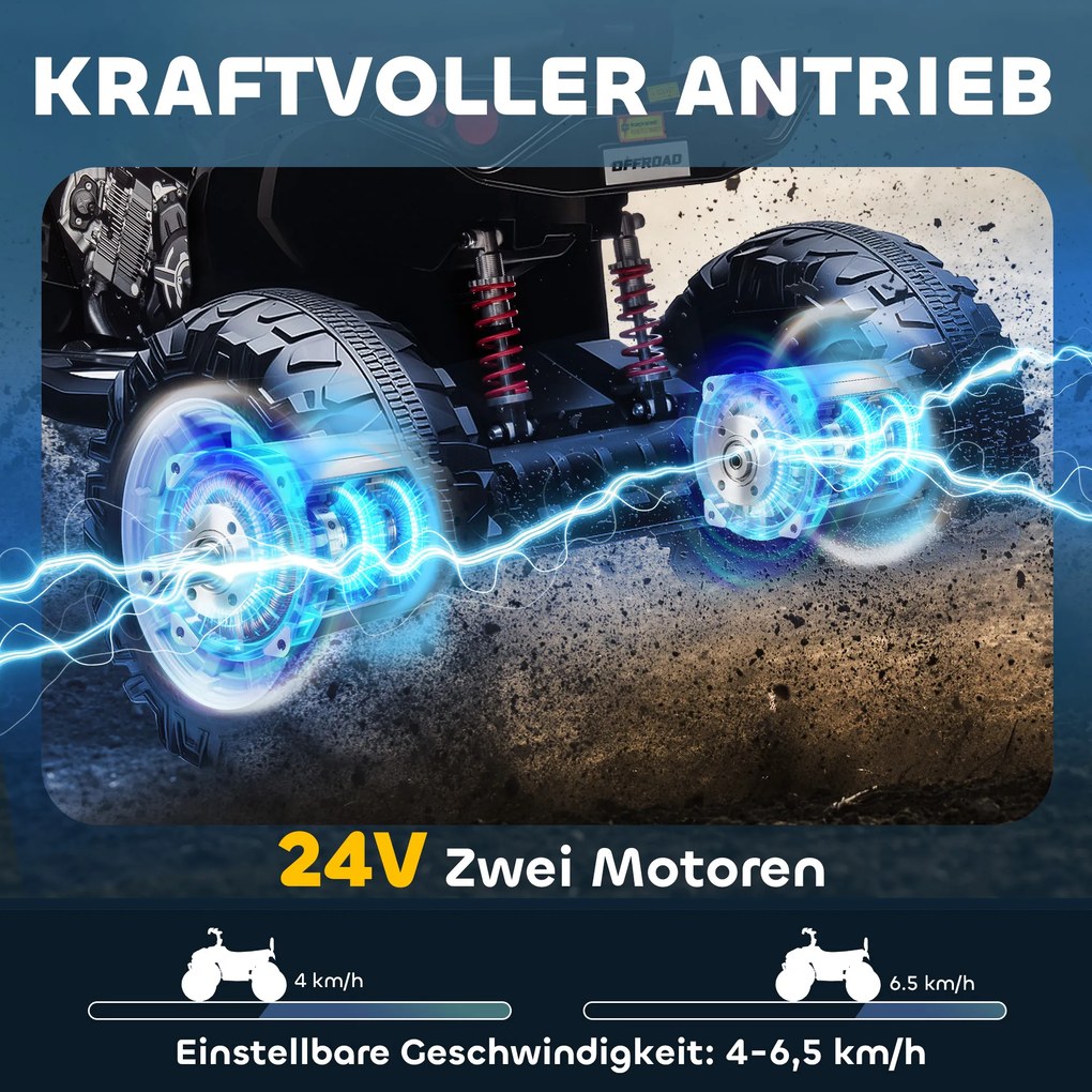 AIYAPLAY Dětský elektro quad, 24V elektrické vozidlo se 4 koly, světlomet, USB port, MP3 funkce, 6,5 km/h, 3-8 let 370-412V90BK